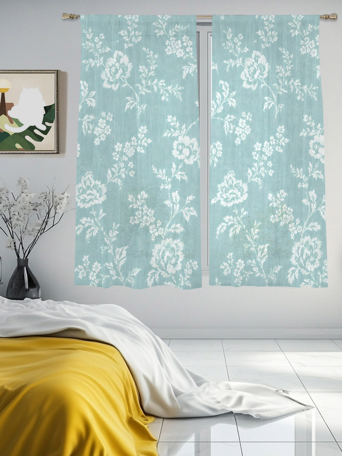 Classic Flower Leaves Teal Chiffon Sheer Curtains 63 Inches Long Farm ...
