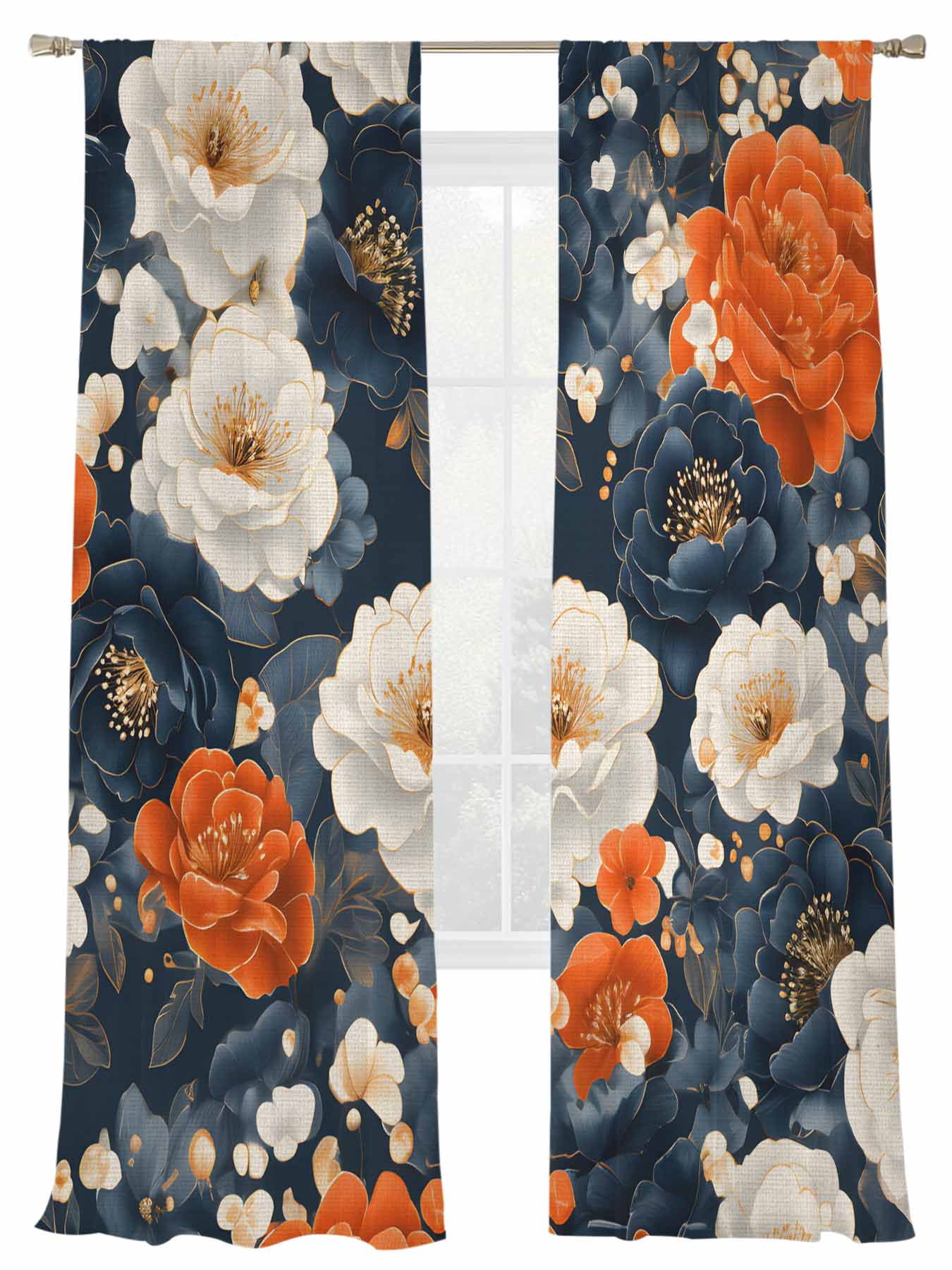 Classic Flower Sheer Curtains 2 Panels Set Spring Retro Red Blue White ...
