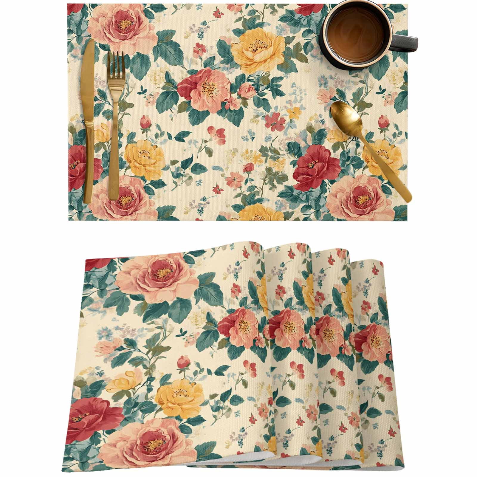 Classic Flower Spring Watercolor Floral Placemats Set of 4,Wipeable ...