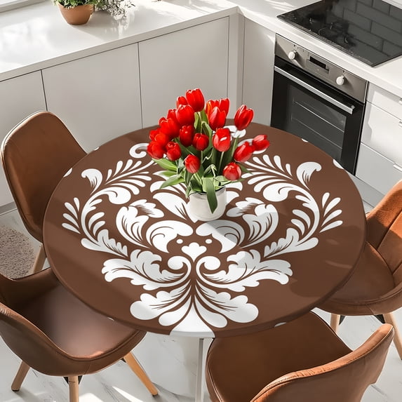 Classic Flower Texture Brown White Round Fitted Tablecloth with Elastic ...