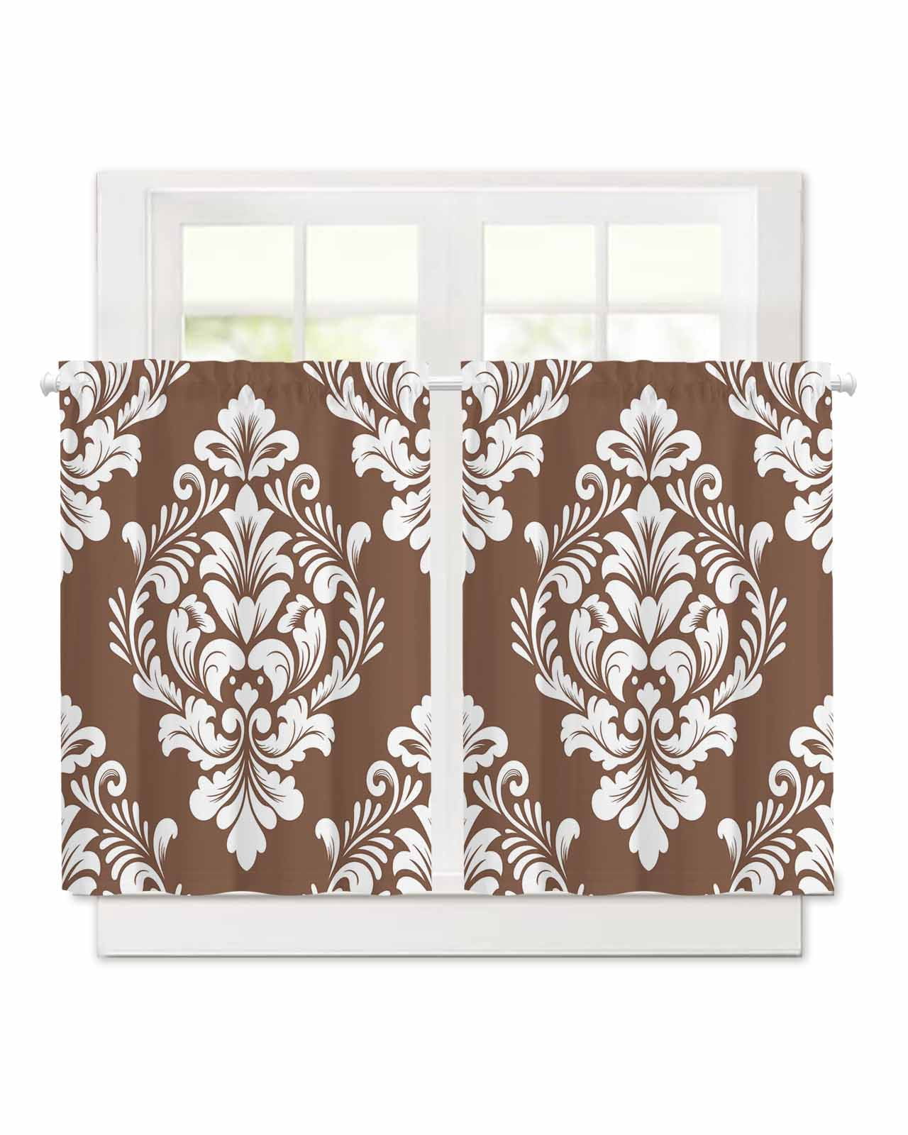 Classic Flower Texture Brown White Short Blackout Curtains 36 Inch Long ...