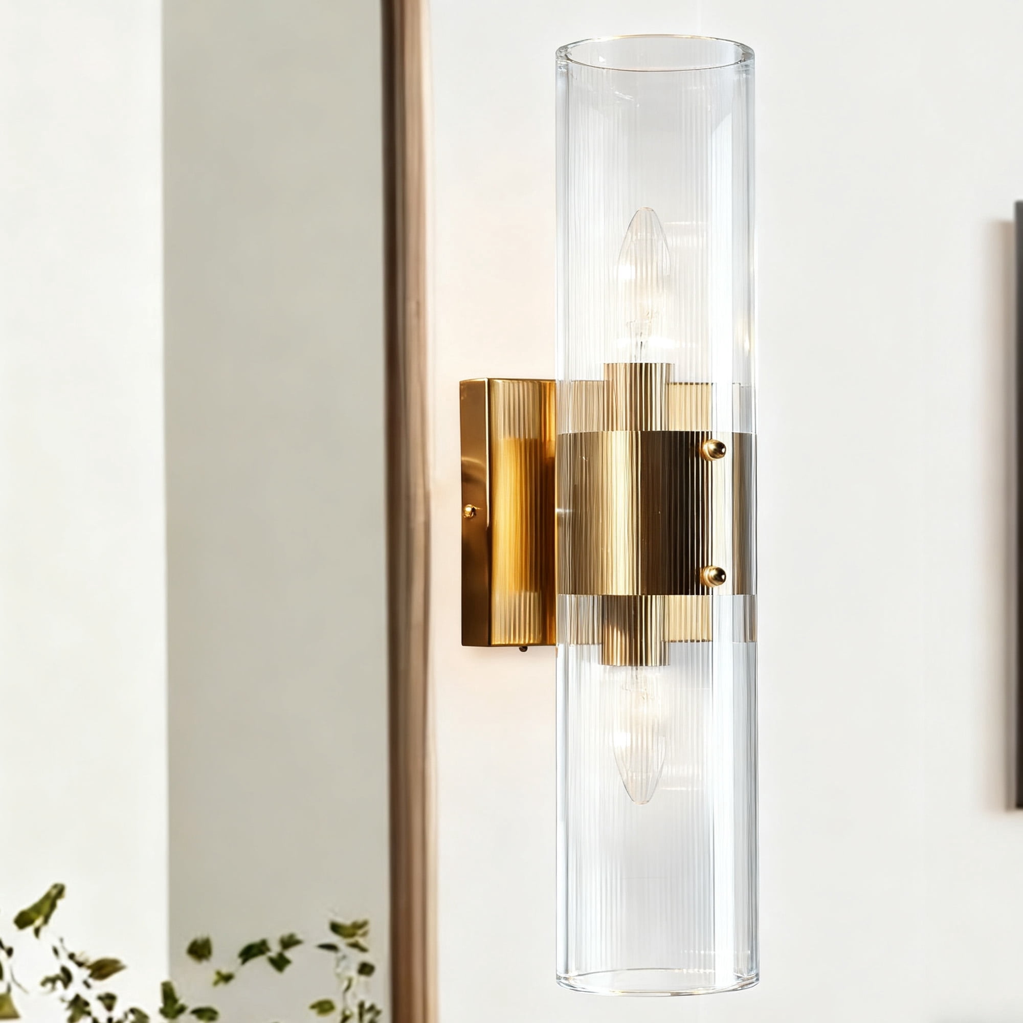 Classic Fluted Glass Shade Sconce, Minimalist 2-Light with Brass Finish ...