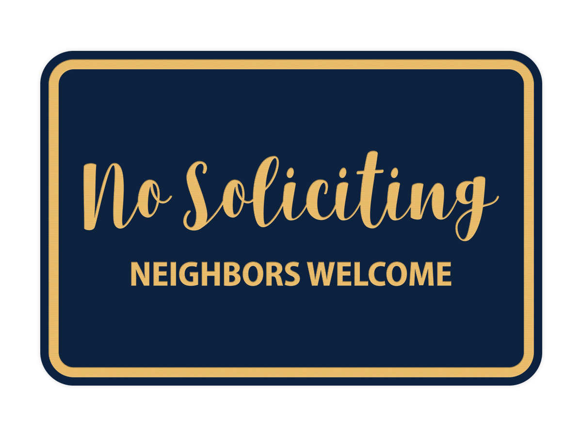 Classic Framed No Soliciting Neighbors Welcome Sign (Navy Blue/Gold ...