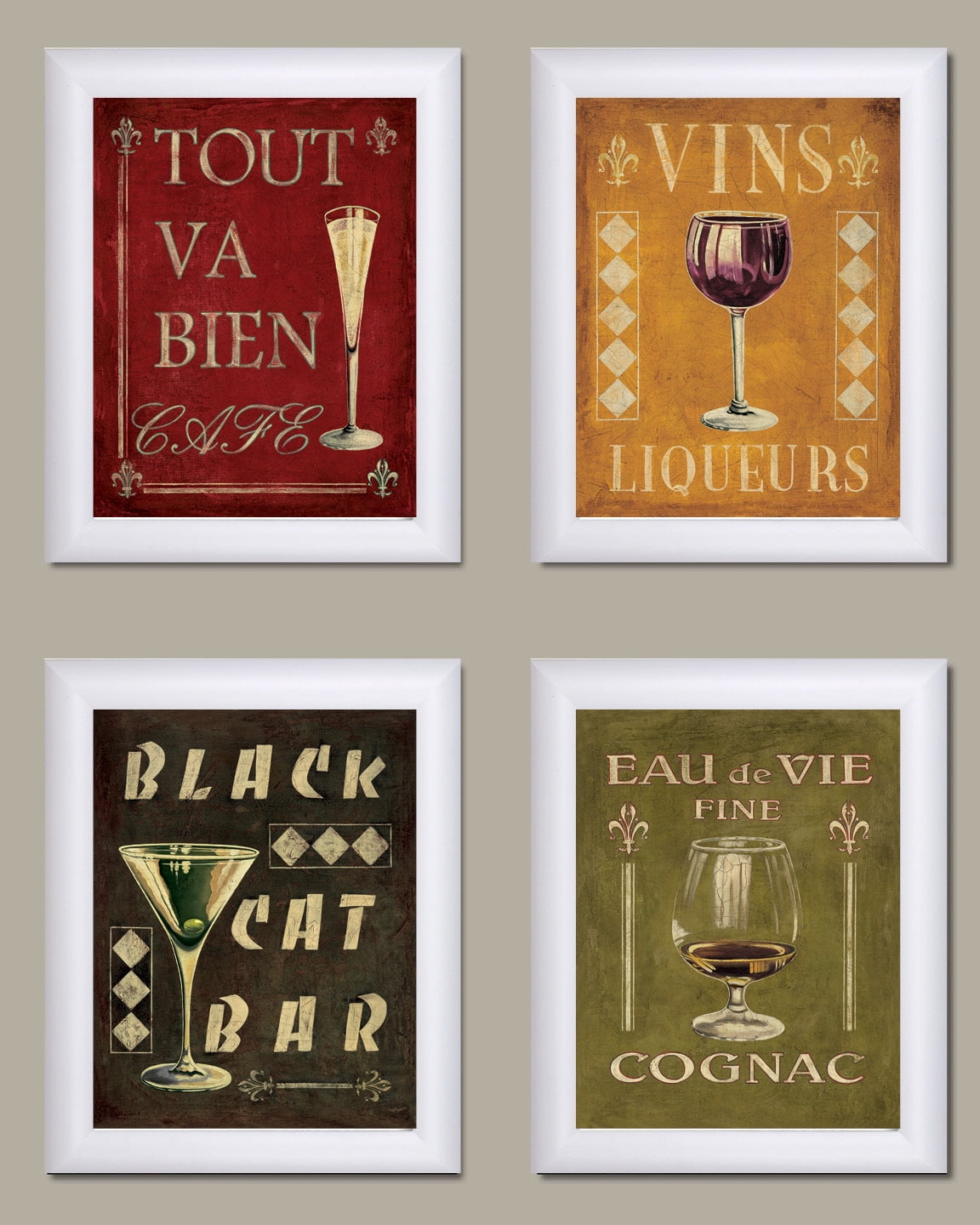 Classic French Cognac, Black Cat Bar, Tout Va Bien, Vins Antique Set ...