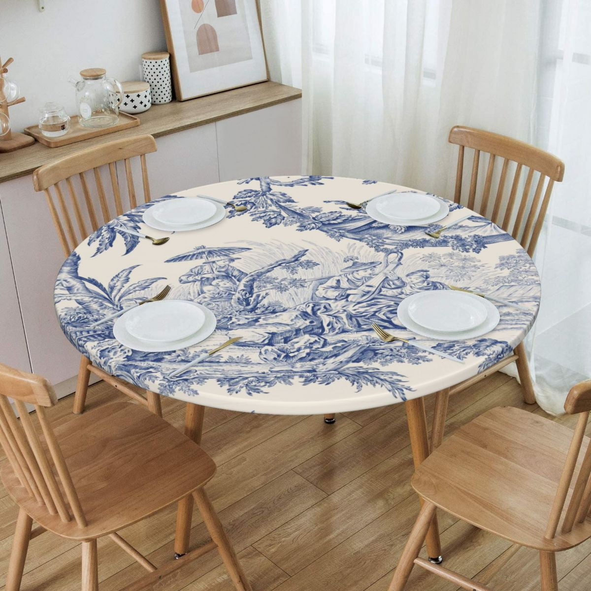 Classic French Toile De Jouy Navy Blue Motif Pattern Tablecloth Round ...