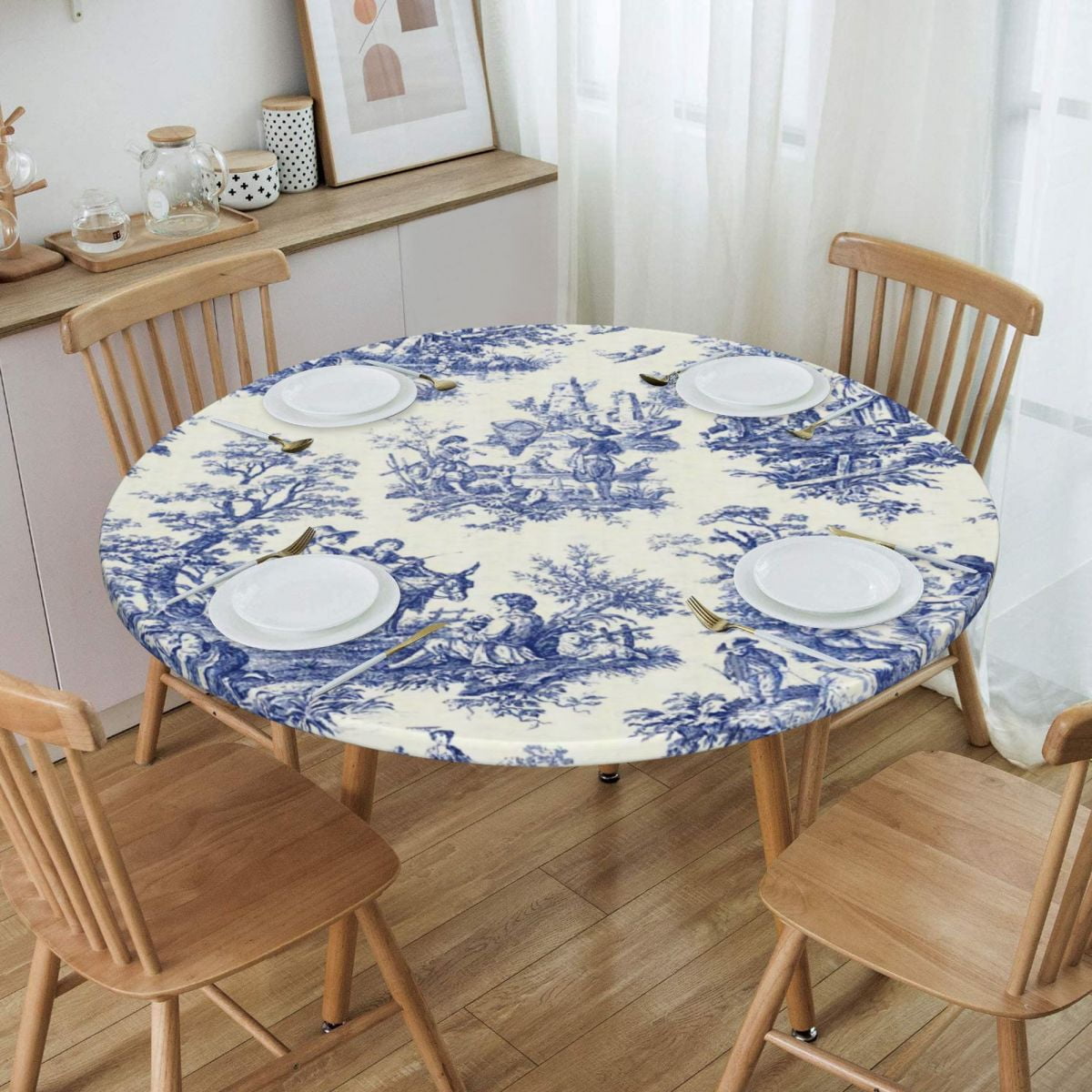Classic French Toile De Jouy Navy Blue Motif Pattern Tablecloth Round ...