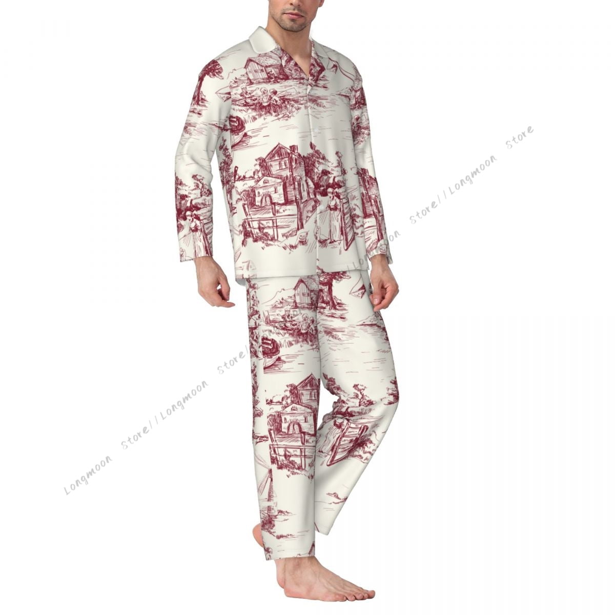 Classic French Town Toile White And Red Color Men Pajamas Long Sleeve ...