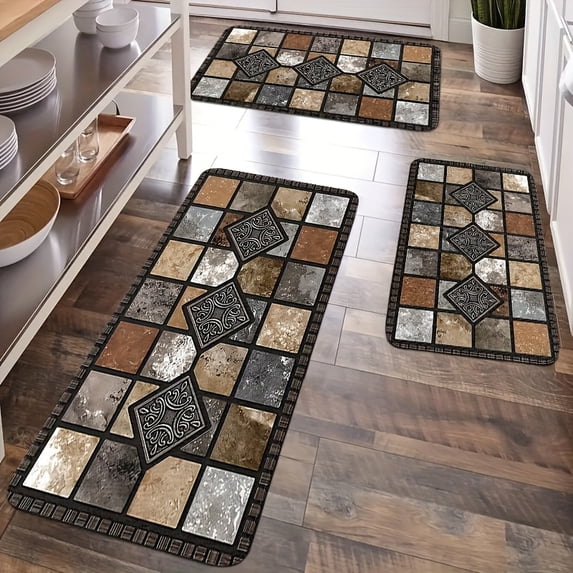 Classic Geometric Stone Floor Kitchen Mat Set, Vintage Farmhouse Rug ...