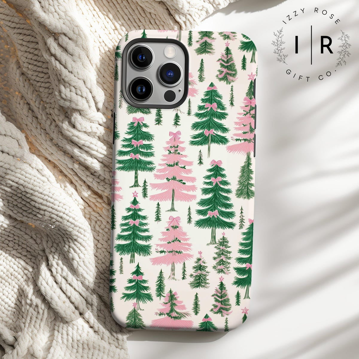 Classic Girly Pink Green Christmas Tree Phone Case with iPhone 17 to 11 ...
