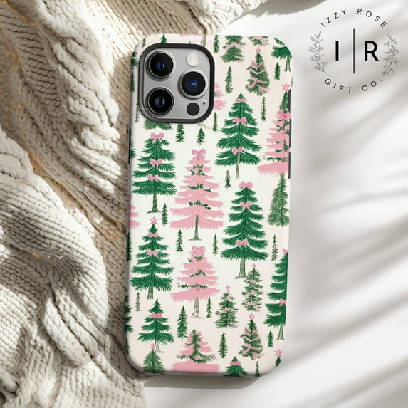 Classic Girly Pink Green Christmas Tree Phone Case with iPhone 17 to 11 ...