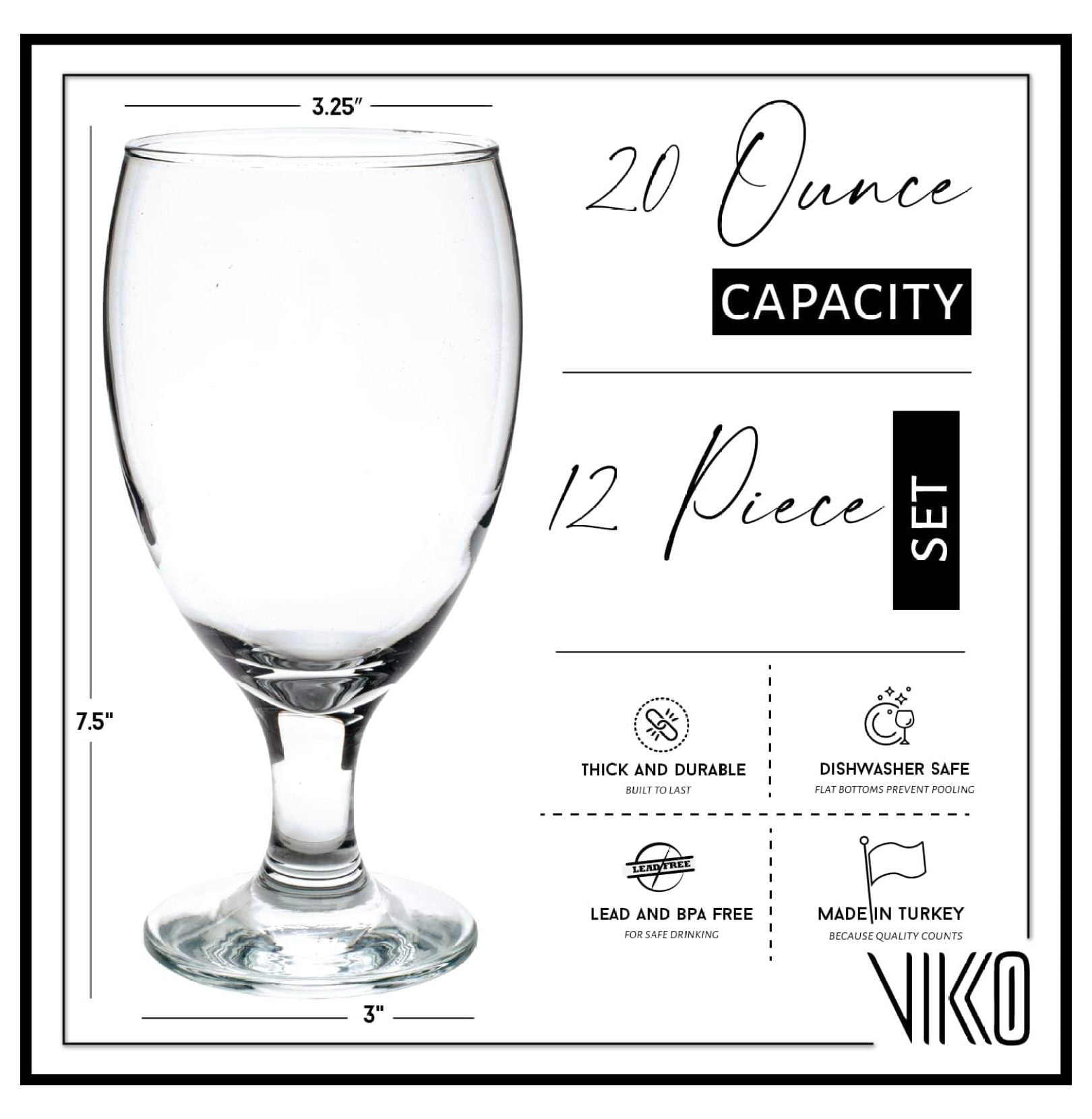 Classic Goblet Party Glasses, Iced Tea Glasses 20 Ounce, Set of 12 ...