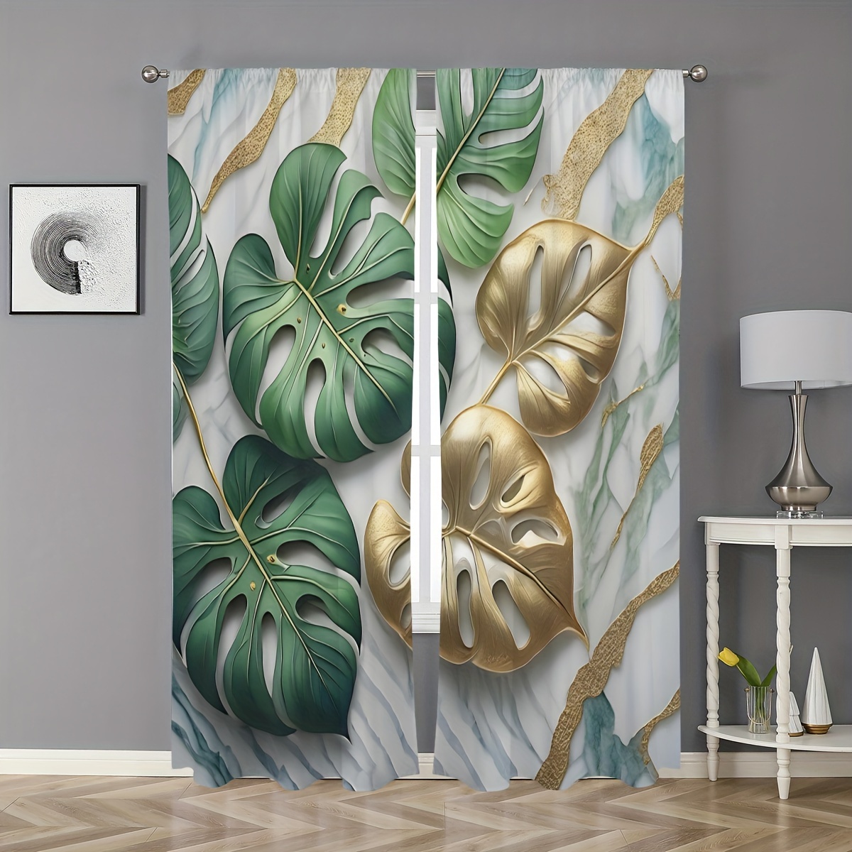 Classic Golden Floral Print Rod Pocket Curtain Panels 2pcs Set Semi ...