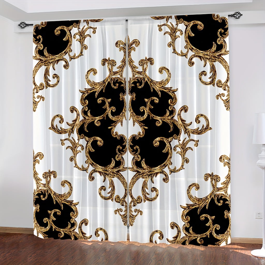 Classic Golden Floral Print Rod Pocket Curtain Panels 2pcs Set Semi ...
