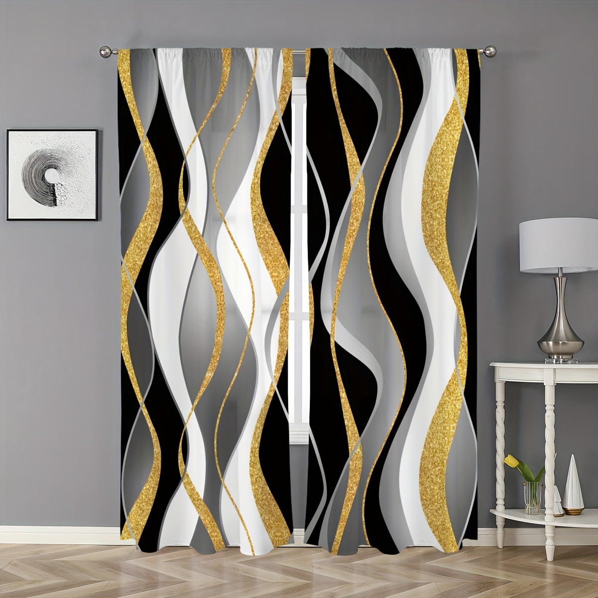 Classic Golden Floral Print Rod Pocket Curtain Panels 2pcs Set Semi ...