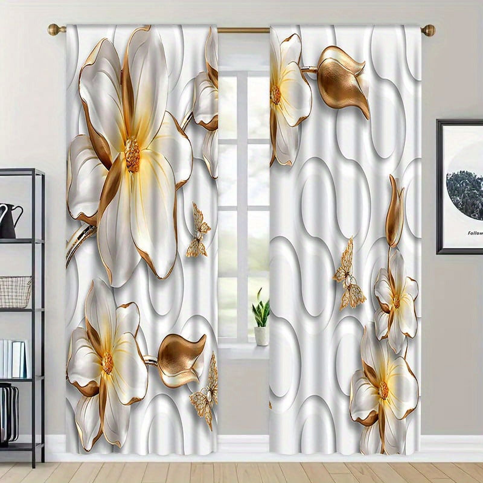 Classic Golden Floral Print Rod Pocket Curtain Panels 2pcs Set Semi ...