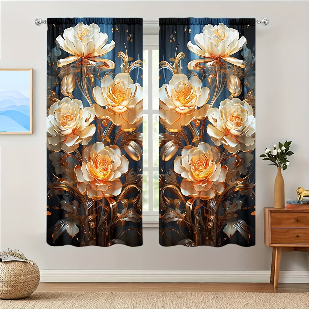 Classic Golden Floral Print Rod Pocket Curtain Panels 2pcs Set Semi ...