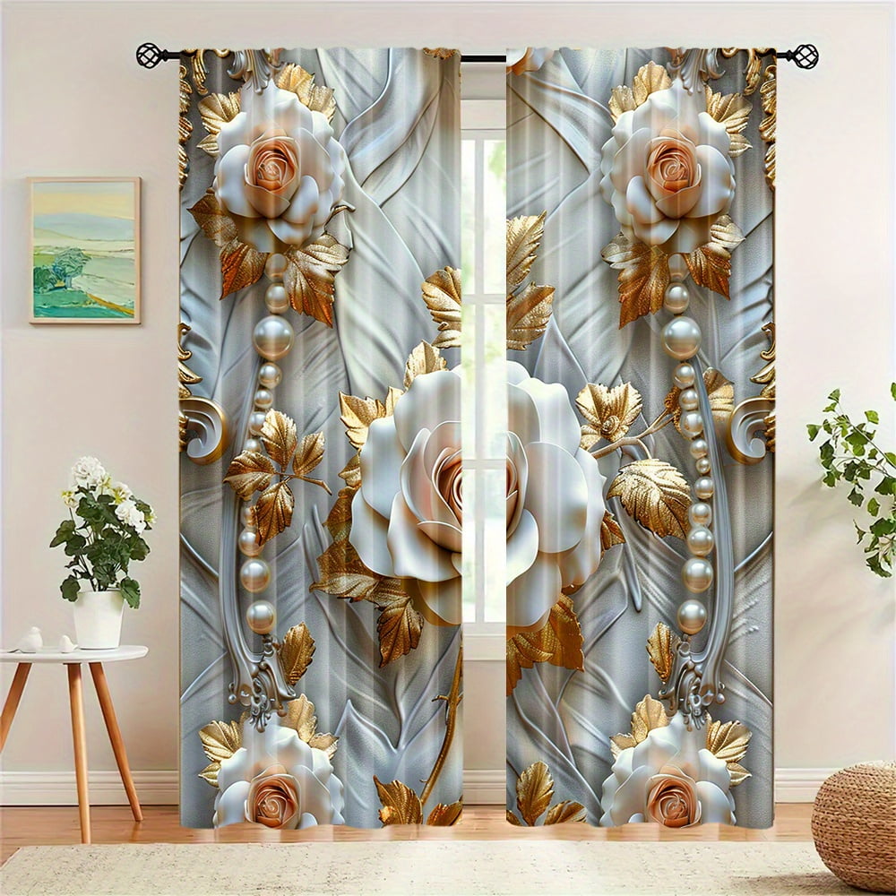 Classic Golden Floral Print Rod Pocket Curtain Panels 2pcs Set Semi ...