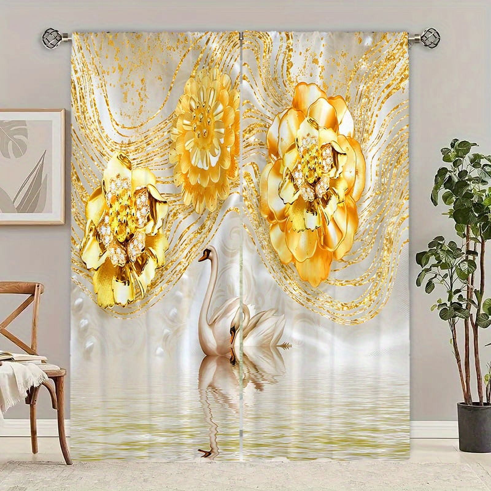 Classic Golden Floral Print Rod Pocket Curtain Panels 2pcs Set Semi ...