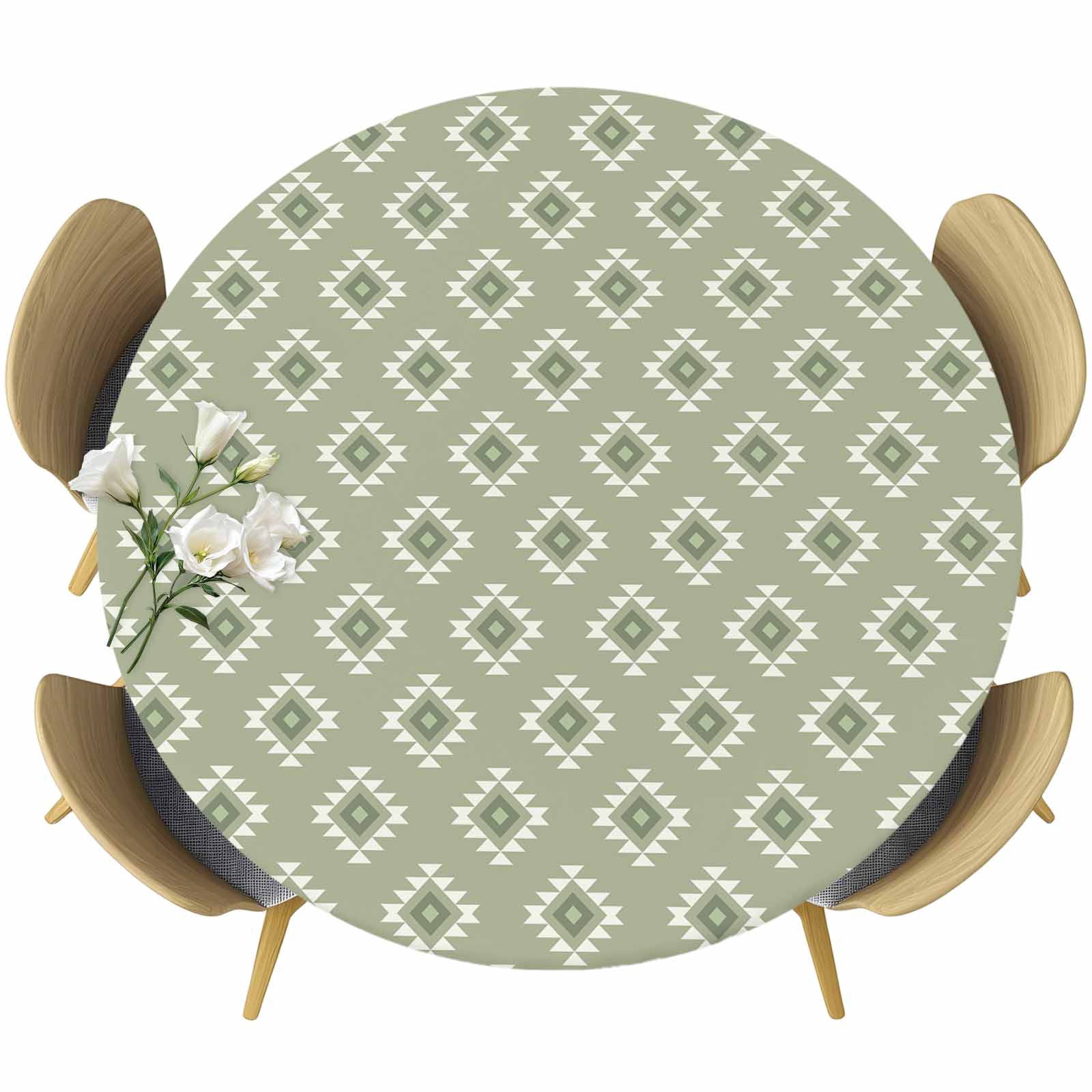 Classic Green Pattern Round Fitted Tablecloth with Elastic Edge ...