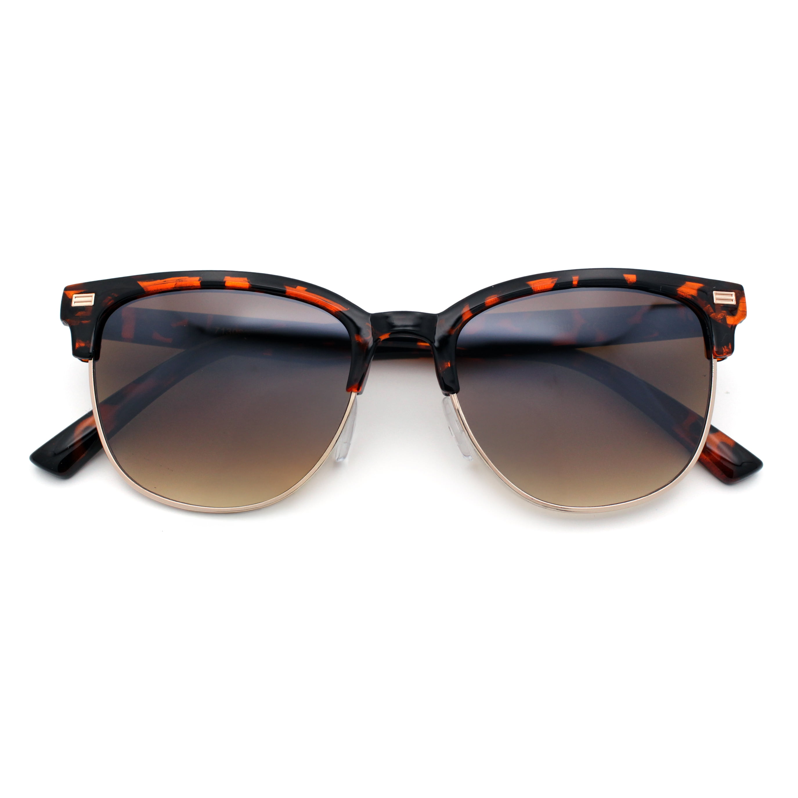 Classic Half Rim Round Horned High Temple Rectangular Sunglasses Shiny ...