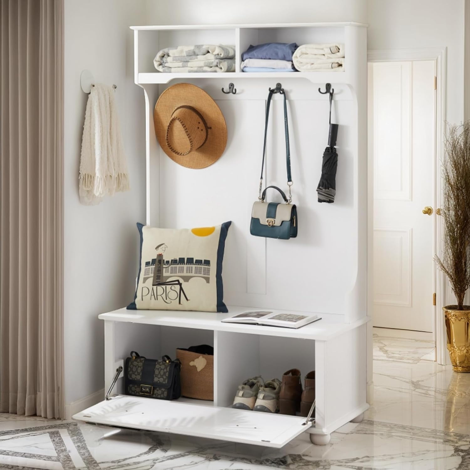 Classic Hall Tree with Solid Wood Feet, 40" L Coastal Entryway Bench ...