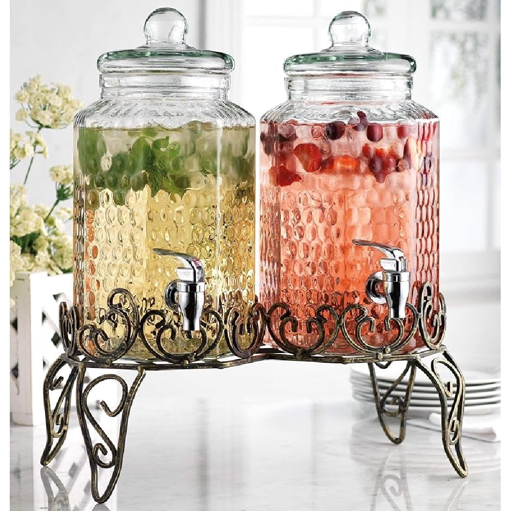 Classic Hammered Glass Beverage Dispenser with Elegant Stand (Set of 2 ...
