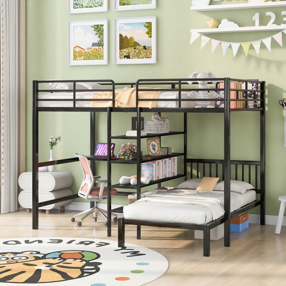 Full/Twin Size Metal Bunk Bed with Built-in Desk & Shelves, Black, No ...
