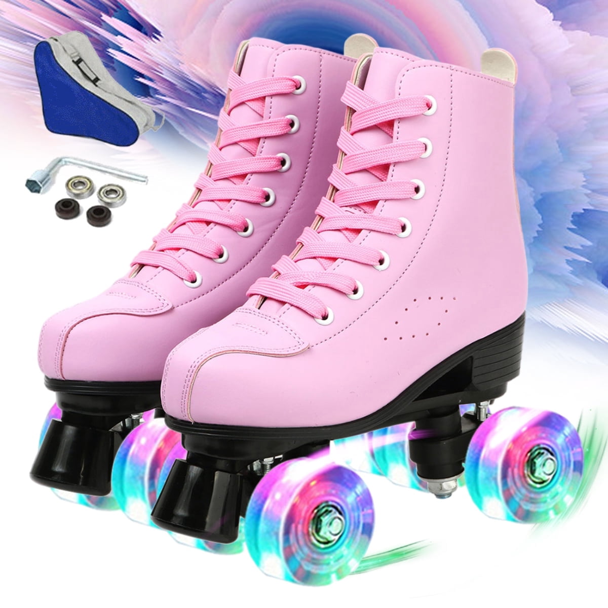 Classic High Top Lace Up Roller Skates with Light Up Wheel & Skates Bag ...