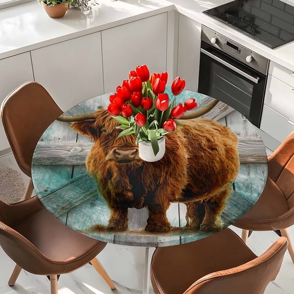 Classic Highland Cow Portrait Round Fitted Tablecloth with Elastic Edge ...