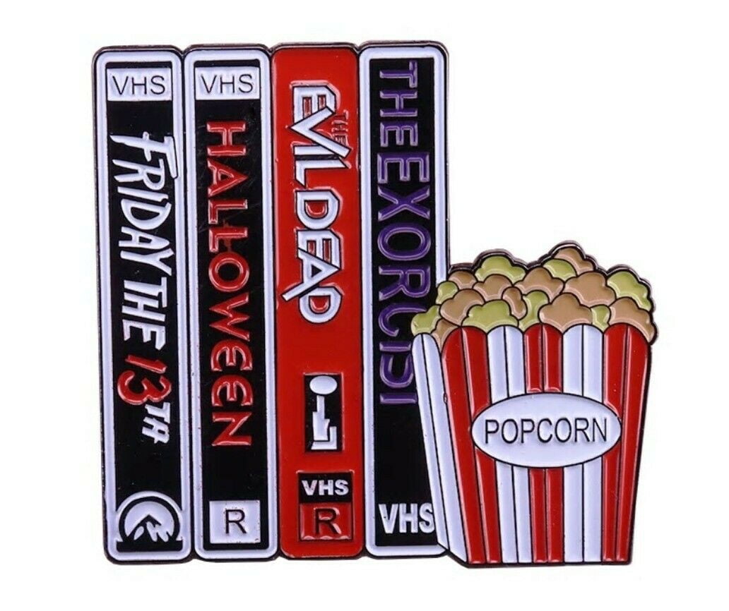 Classic Horror Movies VHS and Popcorn 1" Tall Enamel Metal Pin ...