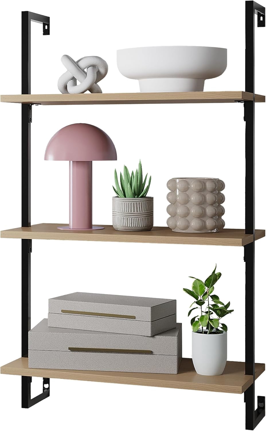 Classic Industrial Wood Wall-Mounted Open Ladder Bookcase with Metal ...