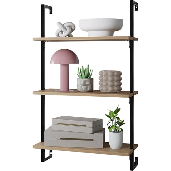 Classic Industrial Wood Wall-Mounted Open Ladder Bookcase with Metal ...