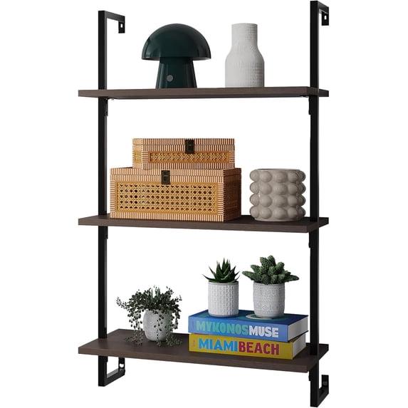 Classic Industrial Wood Wall-Mounted Open Ladder Bookcase with Metal ...
