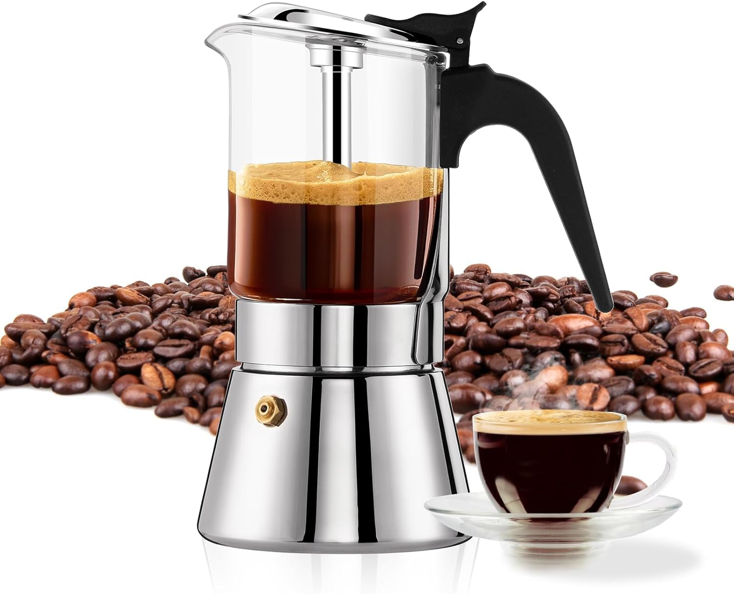 Classic Italian Coffee Maker: Premium Crystal Glass Top & Stainless ...