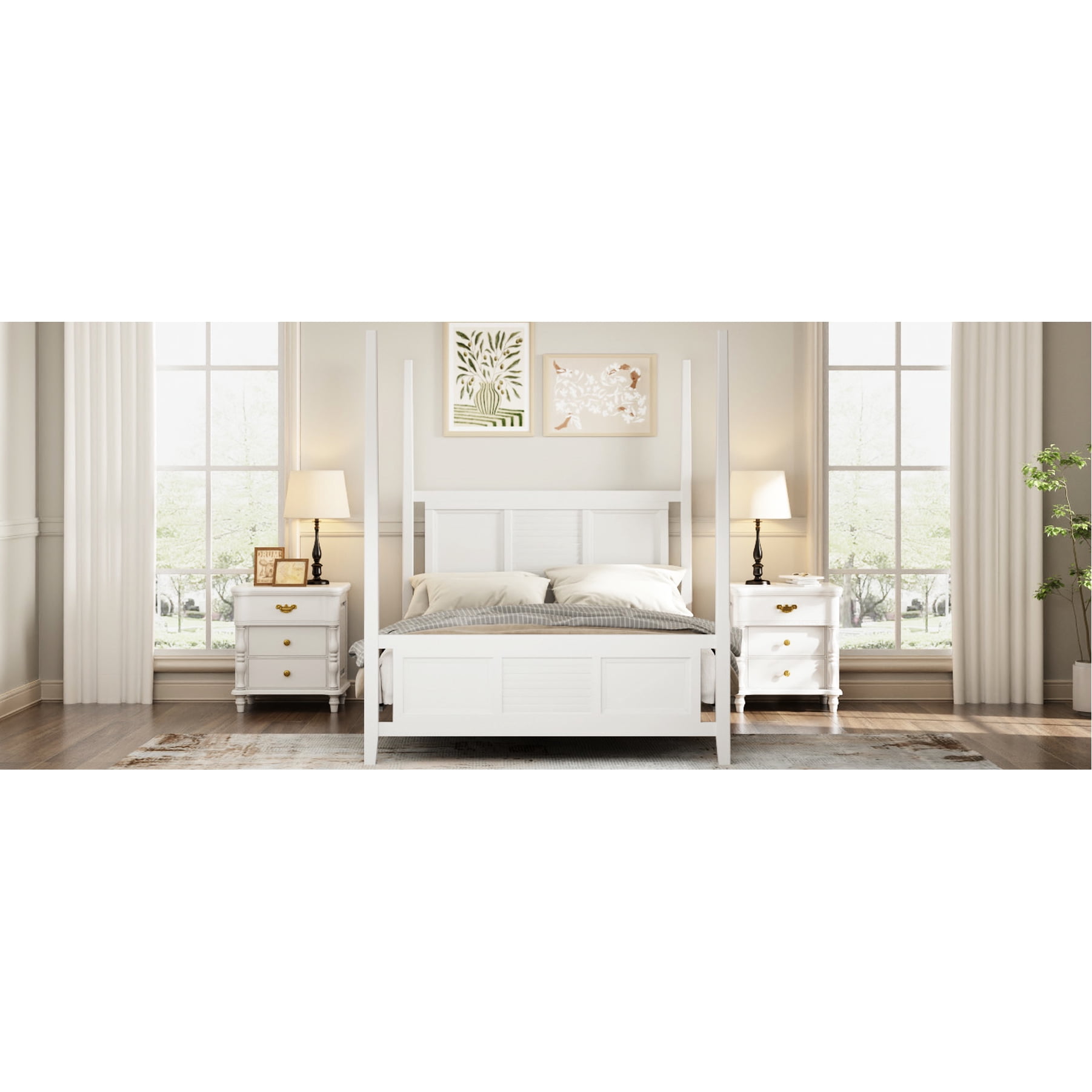 Classic King Size Solid Wood Four Poster Bed, White, With Horizontal ...