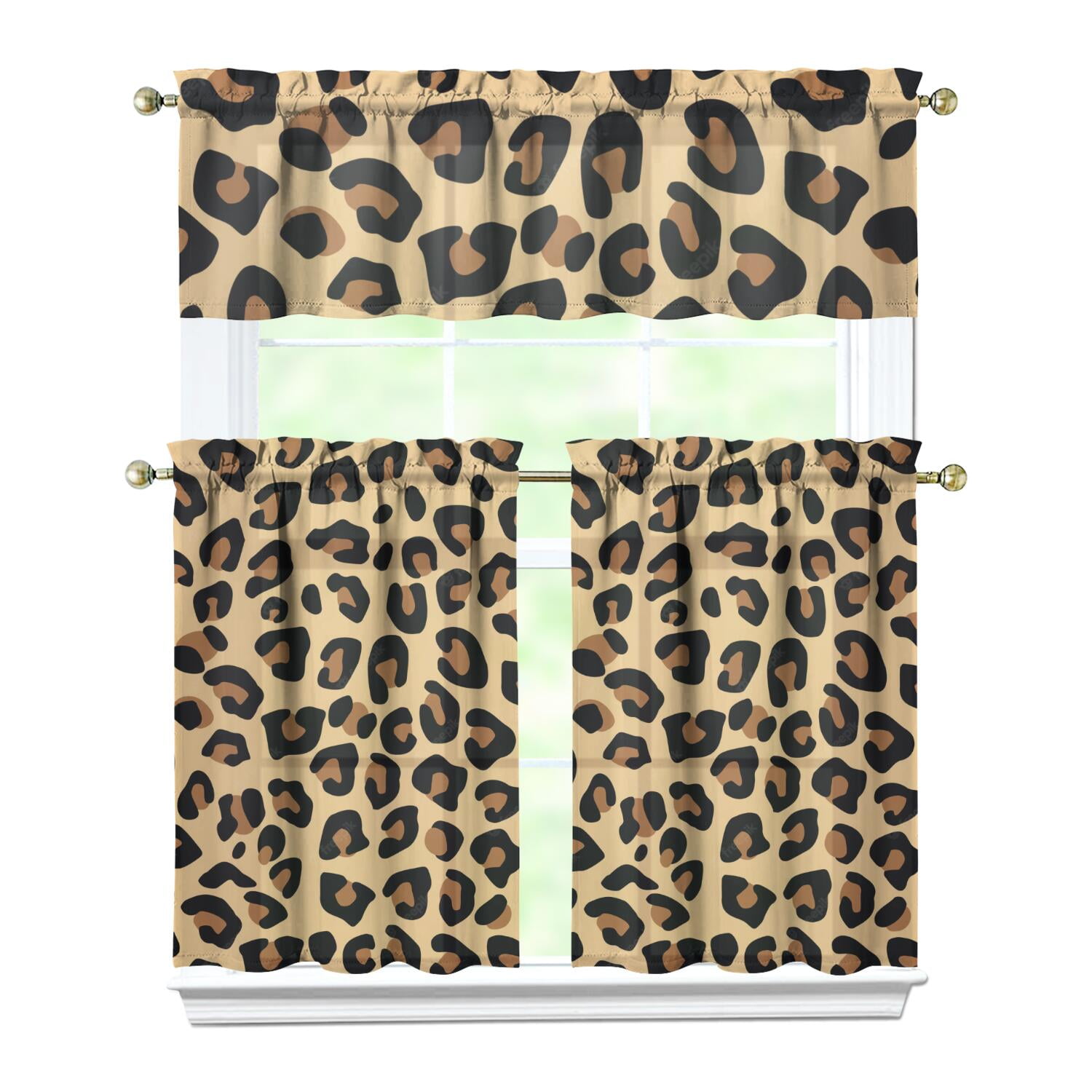 Classic Kitchen Curtains Set Tier and Valance Leopard Cheetah Vintage ...