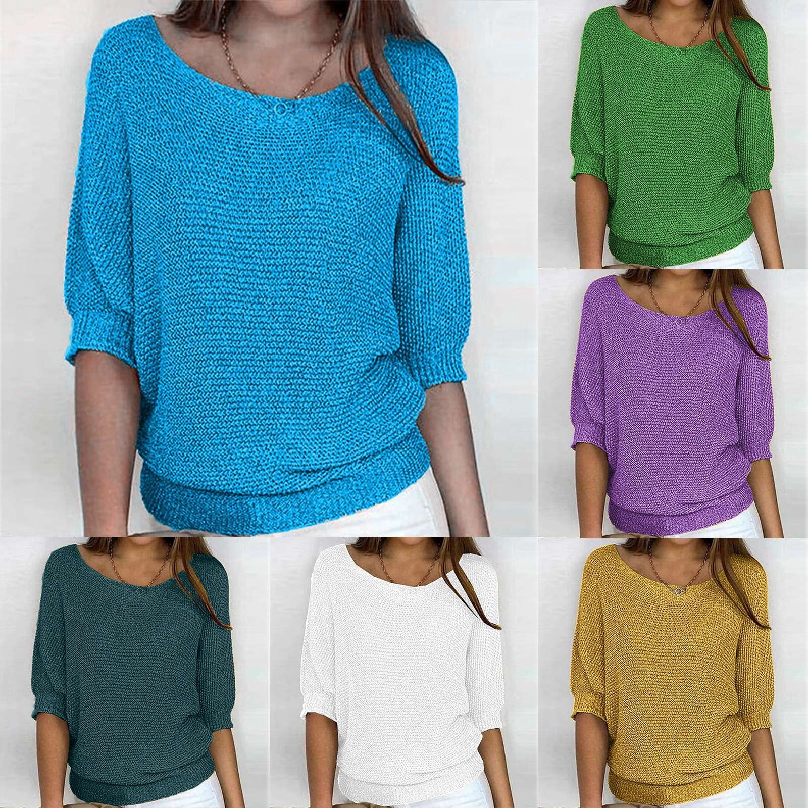 Classic Knit V Neck Sweater For Women 3/4 Sleeve Office Style Long ...