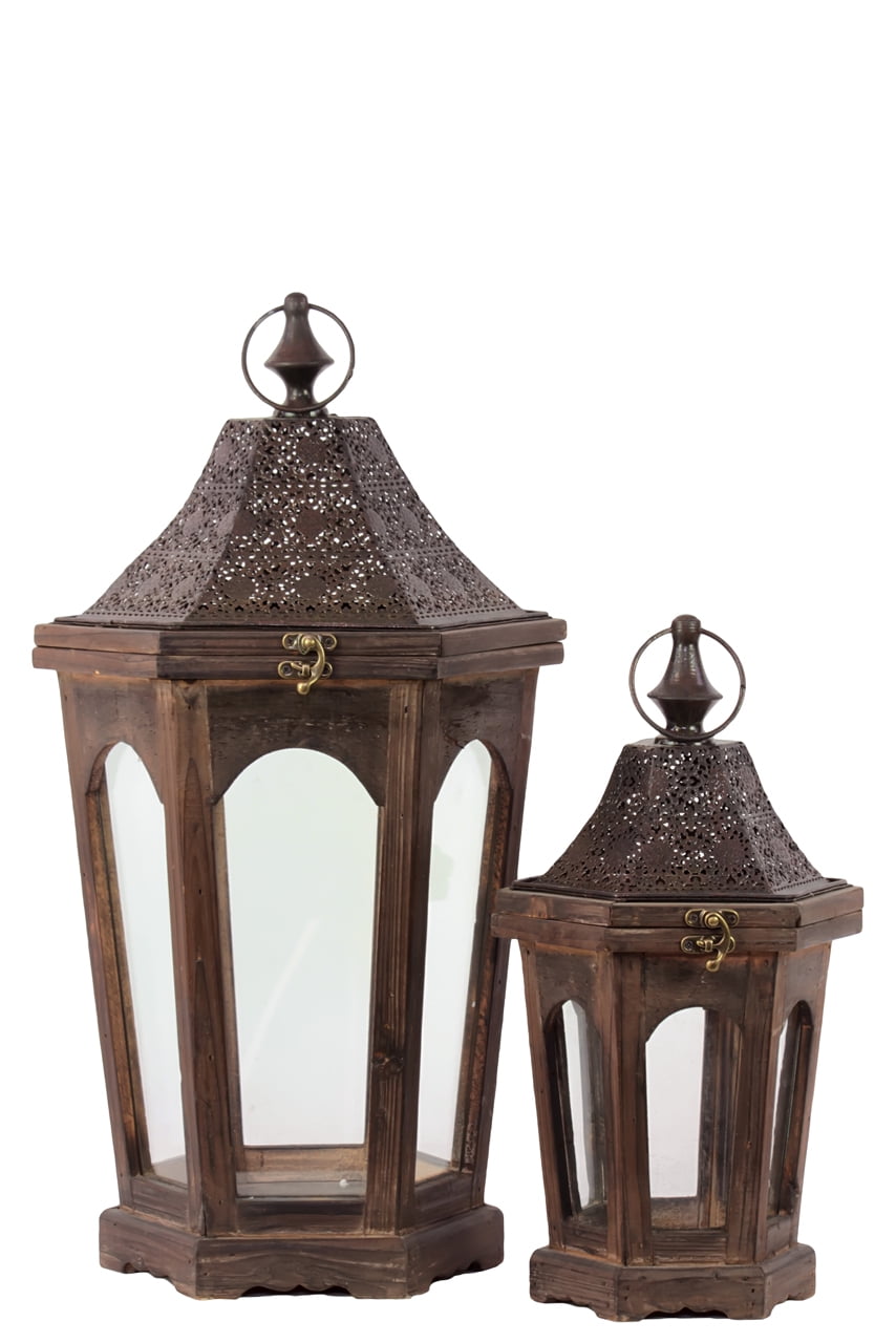 Classic Lamp Post Design Wooden Lantern Set Of Two In Rustic Antique ...