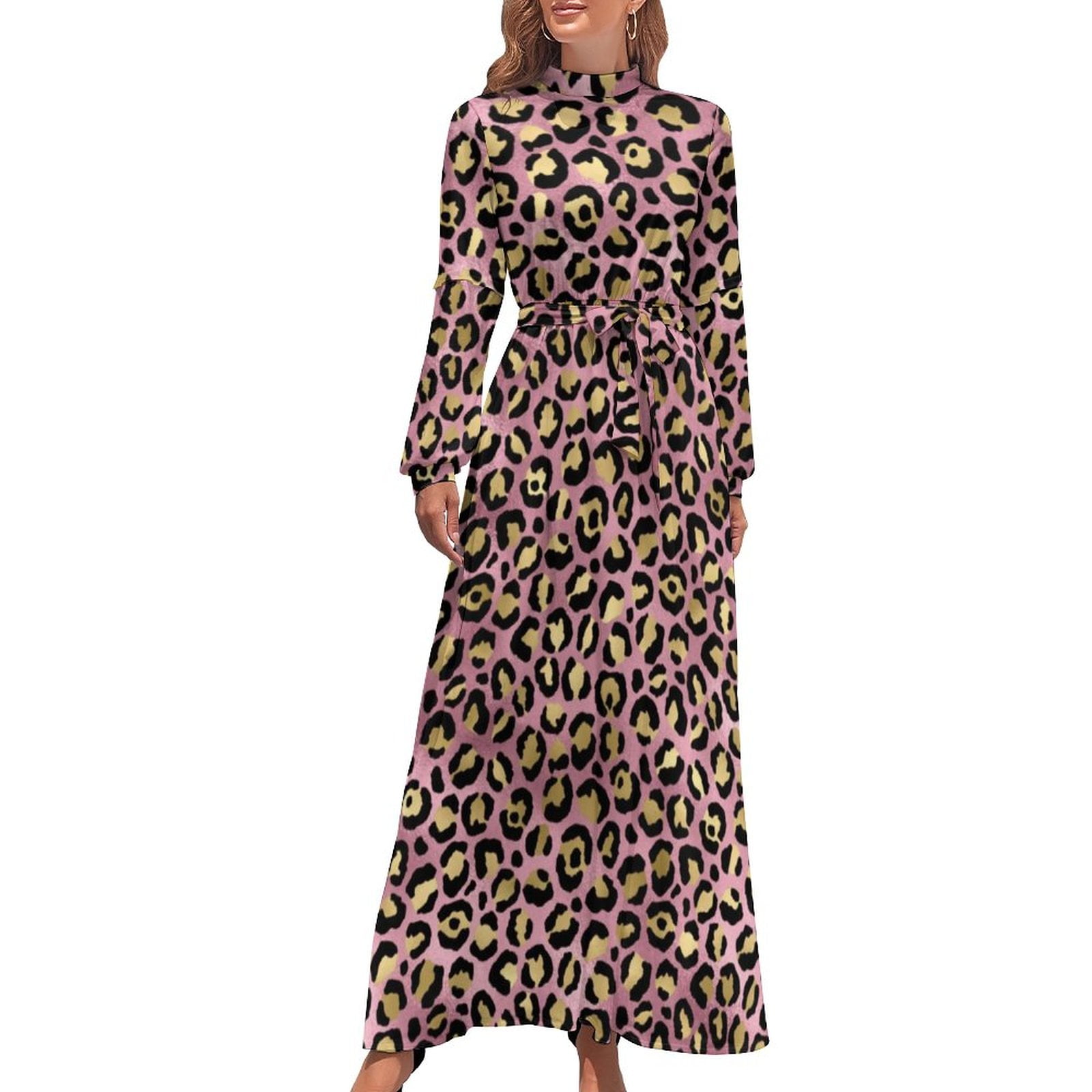 Classic Leopard Dress Retro Animal Print Party Graphic Maxi Dress High ...