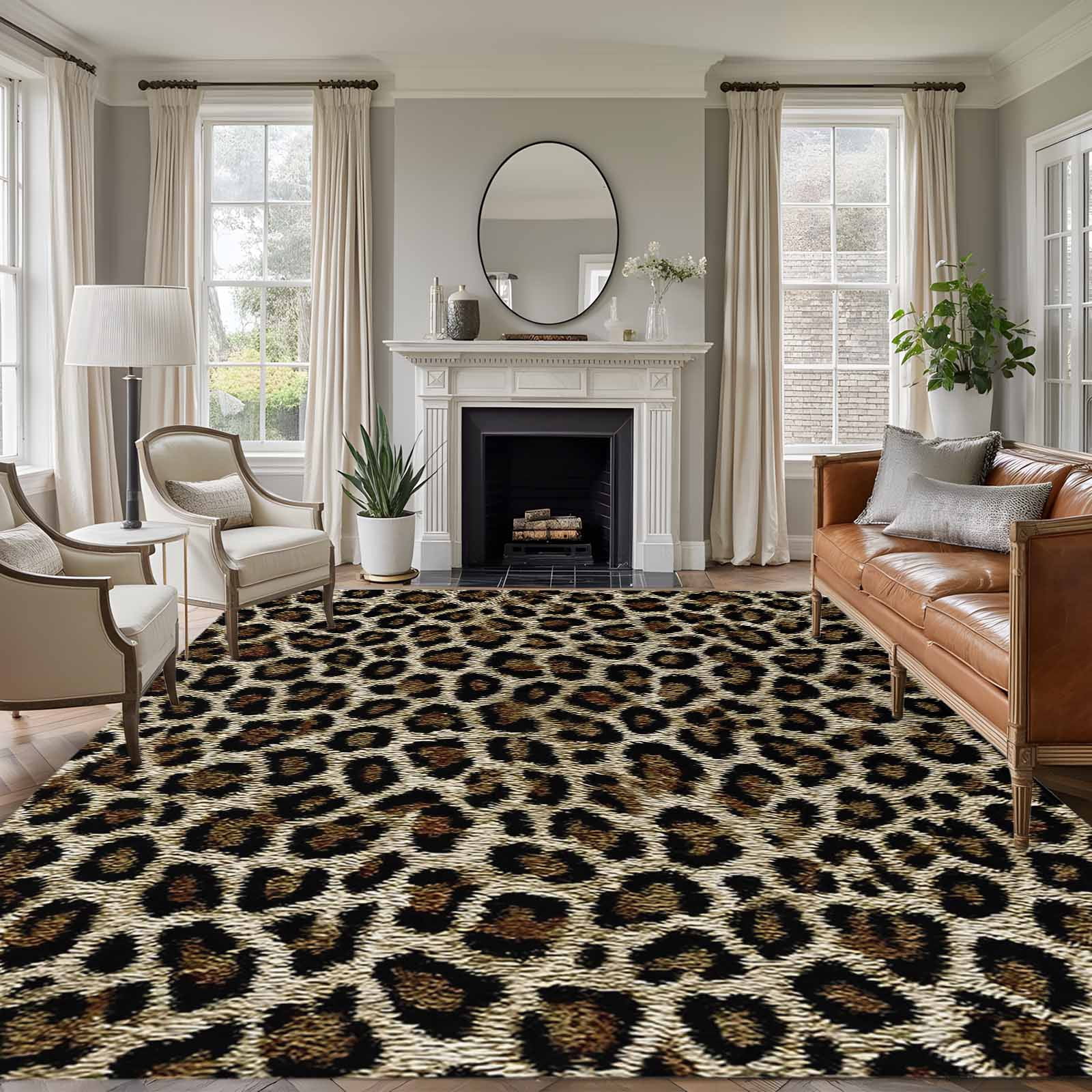 Classic Leopard Print Washable Area Rug 5 x 7 ft Retro Brown Black ...