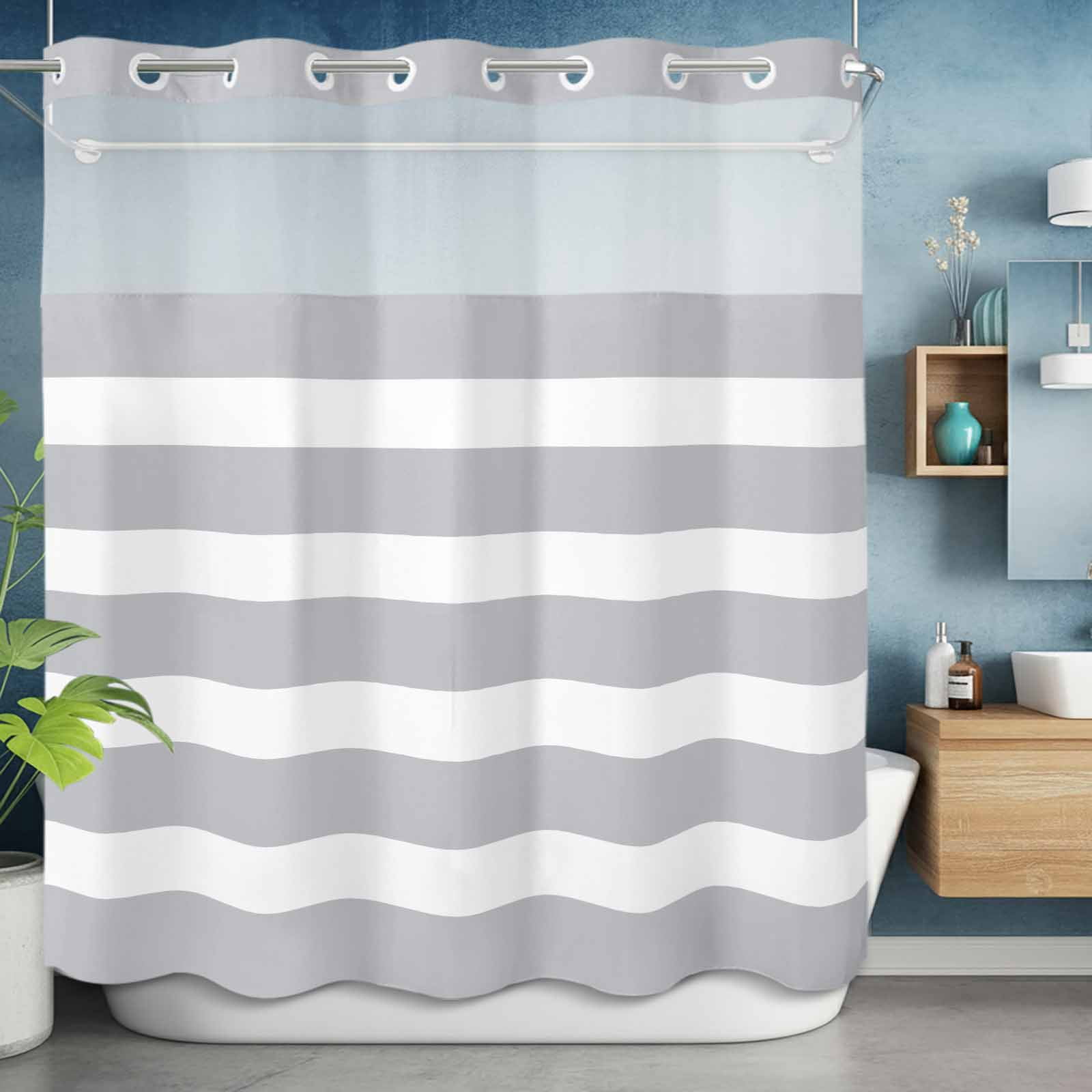 Classic Light Grey and White Stripes No Hook Shower Curtain with Snap ...