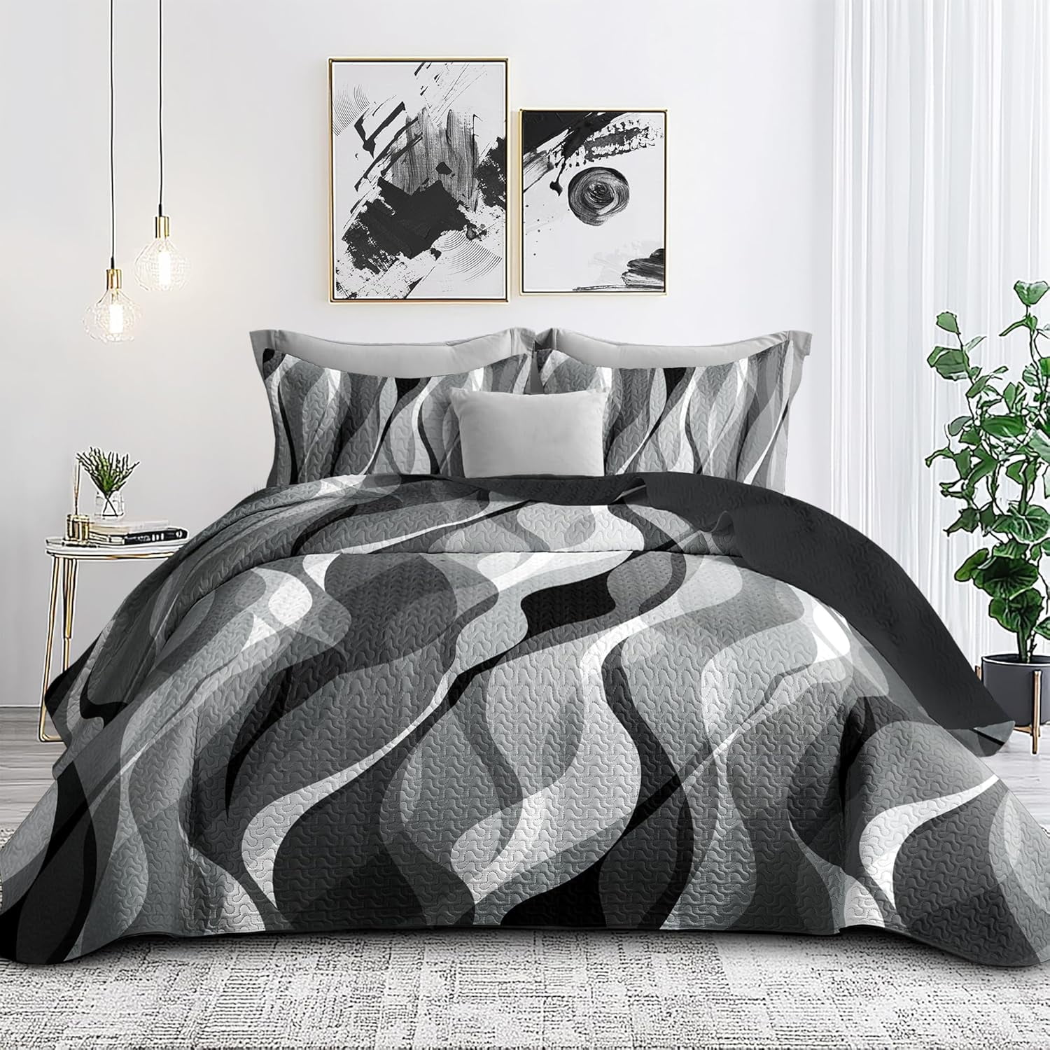 Classic Line Pattern Bedding Quilt Queen Size Modern Grey Black and ...