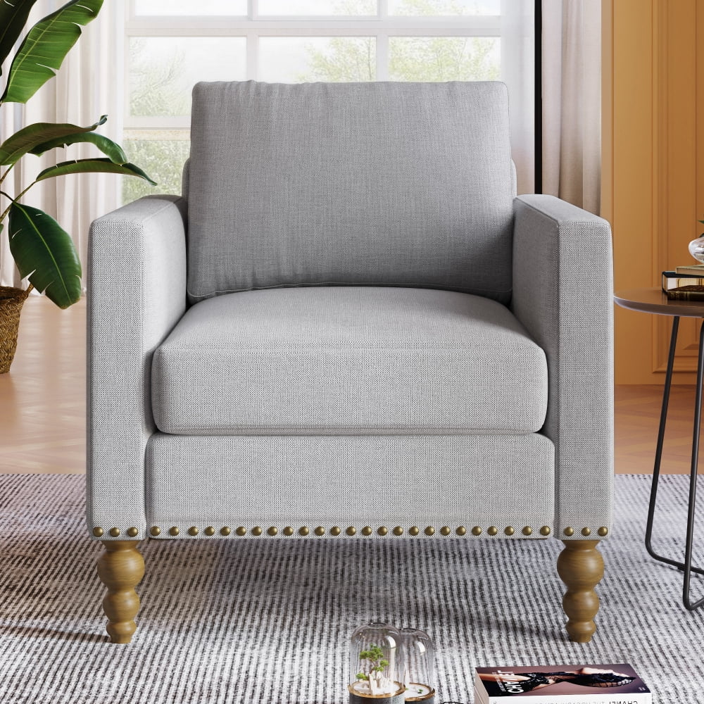 Classic Linen Armchair, Modern Accent Chair with Bronze Nailhead Trim ...