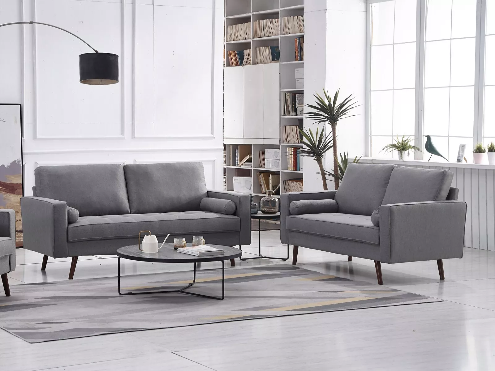 Classic Living Room 2-Piece Sofa Set with Cylindrical Pillows, Linen ...