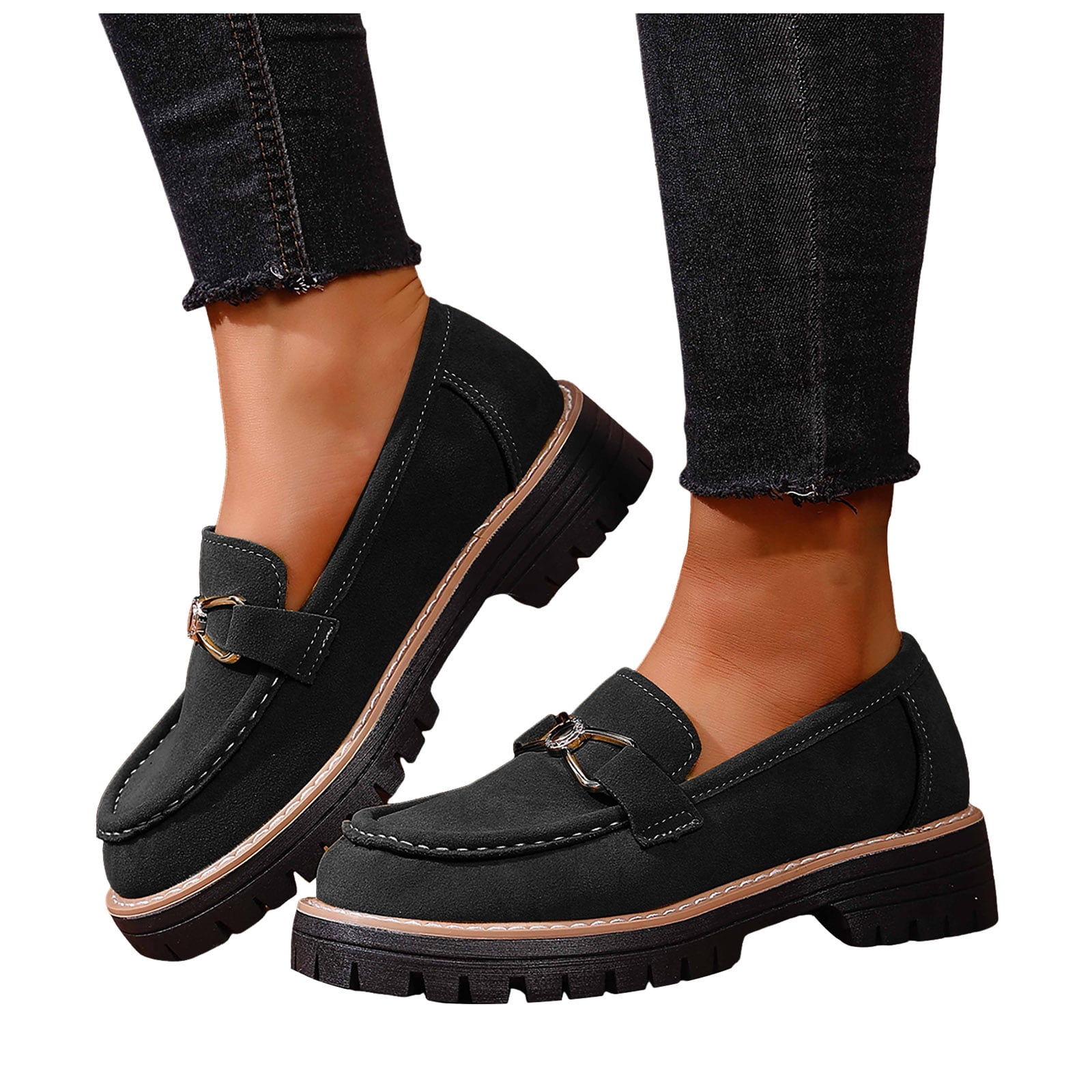 Classic Loafers for Women Suede Round Toe Fashion Metal Chain Chunky ...