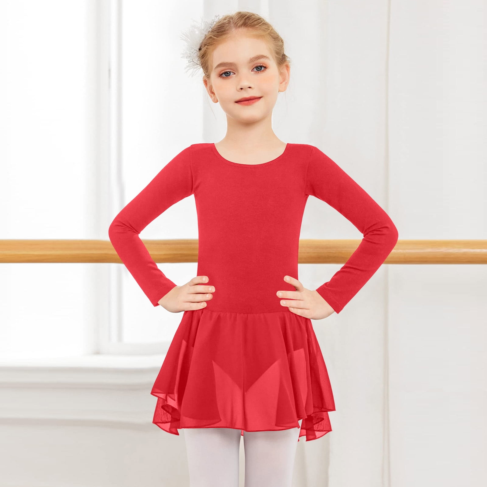 Girls Long Sleeve Ballet Leotards with Skirts Criss-Cross Back Dance ...