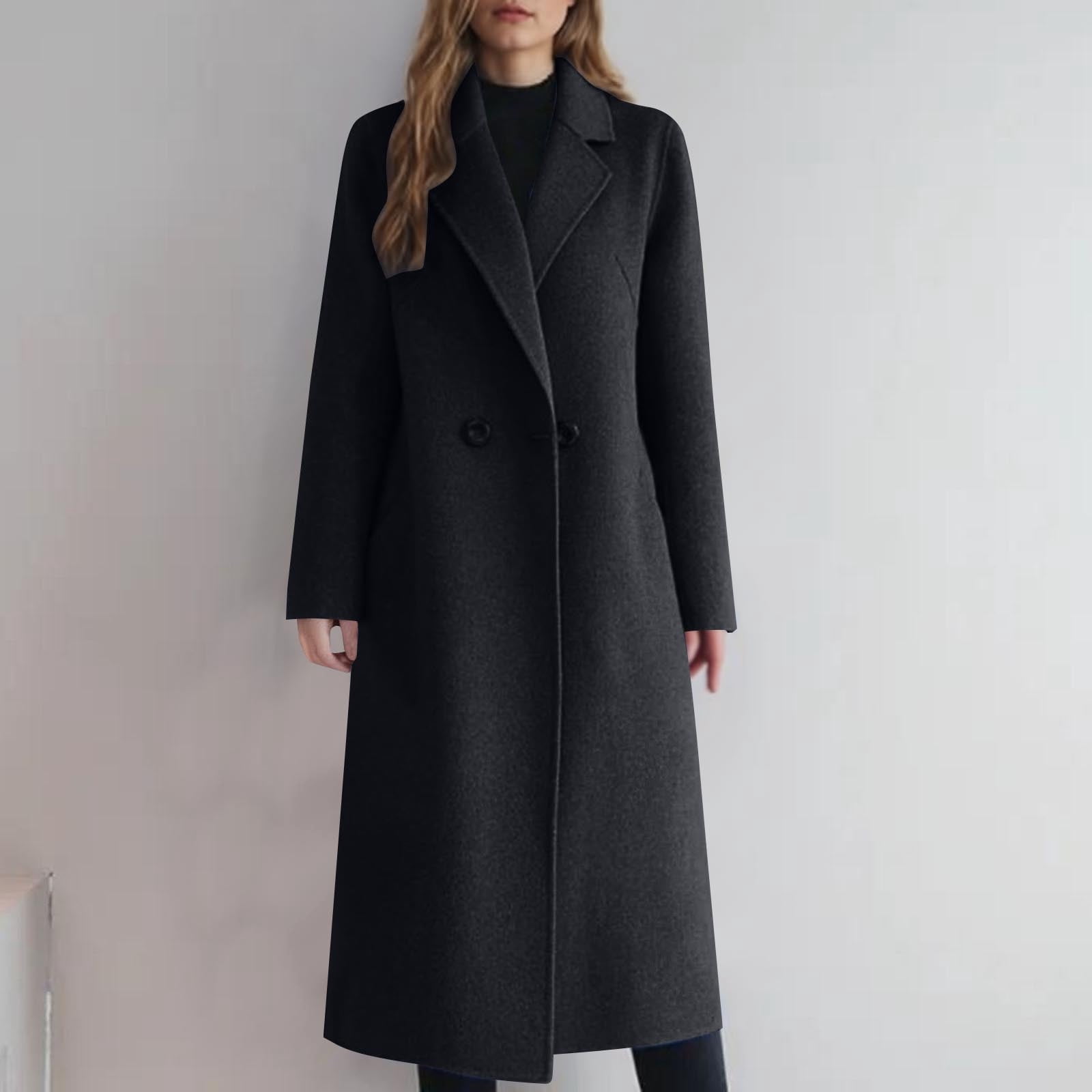 Classic Long Trench Coat for Women 2-button Wool Blend Jacket Notch ...