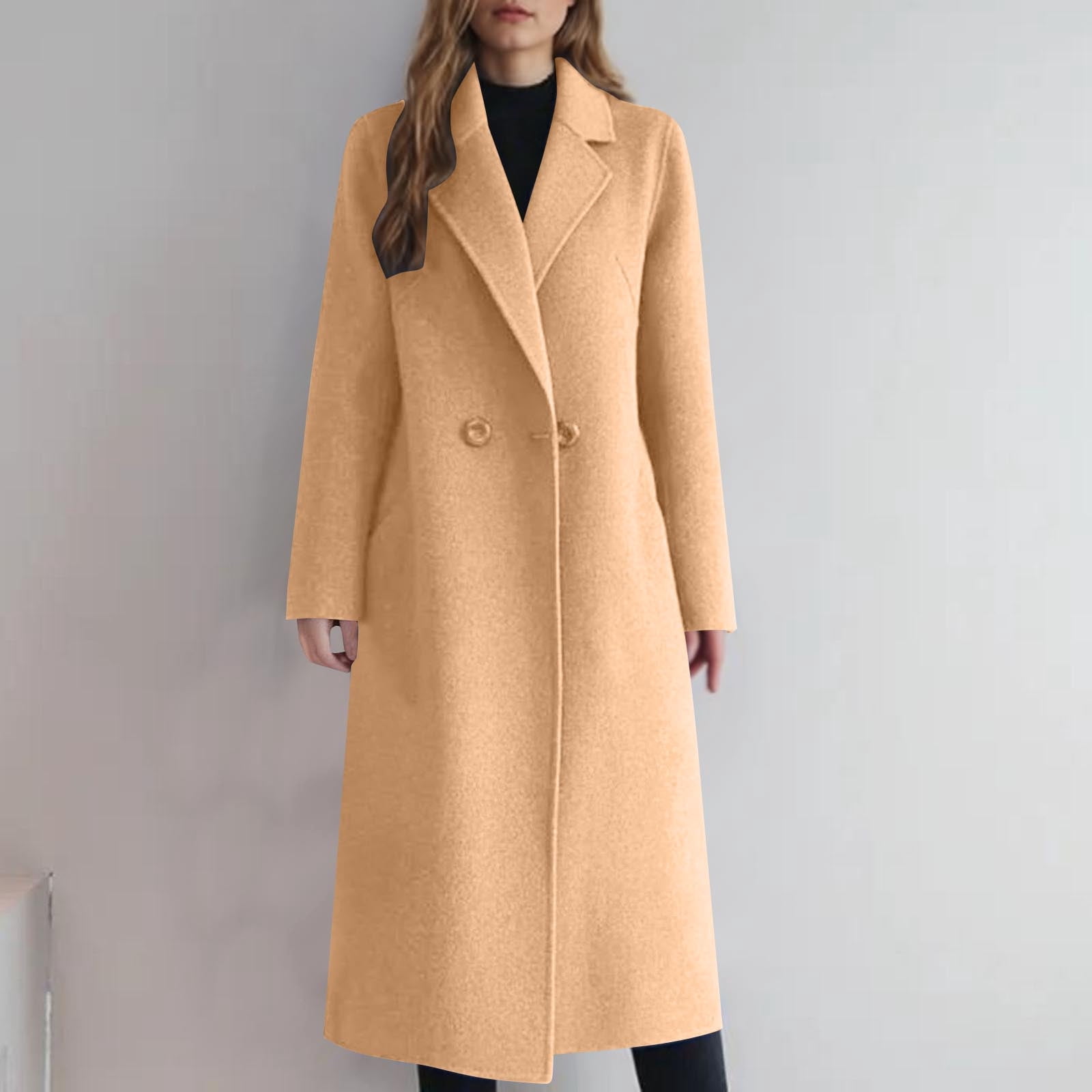 Classic Long Trench Coat for Women 2-button Wool Blend Jacket Notch ...