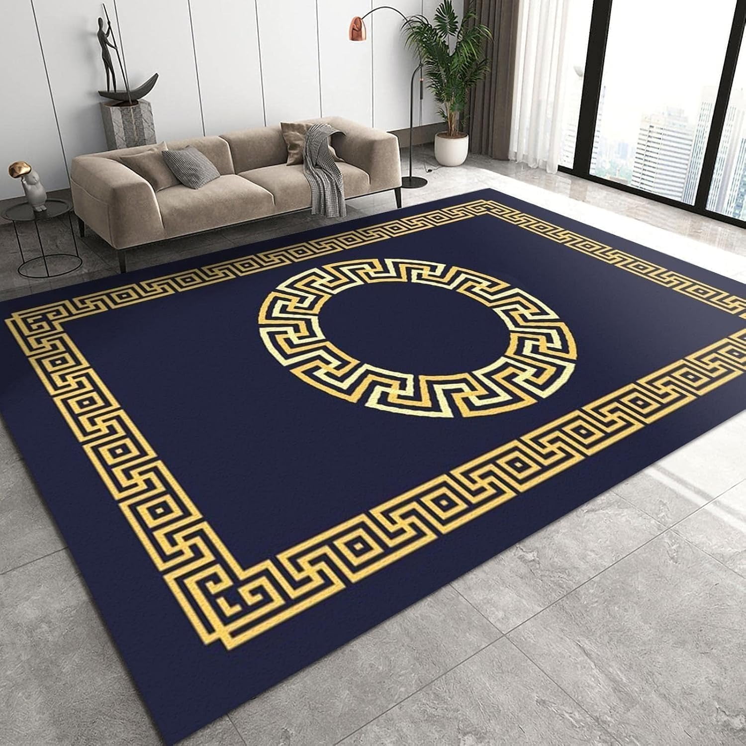 Classic Luxury Rug, Golden Meander Pattern Bedroom Non Skid Low Pile ...