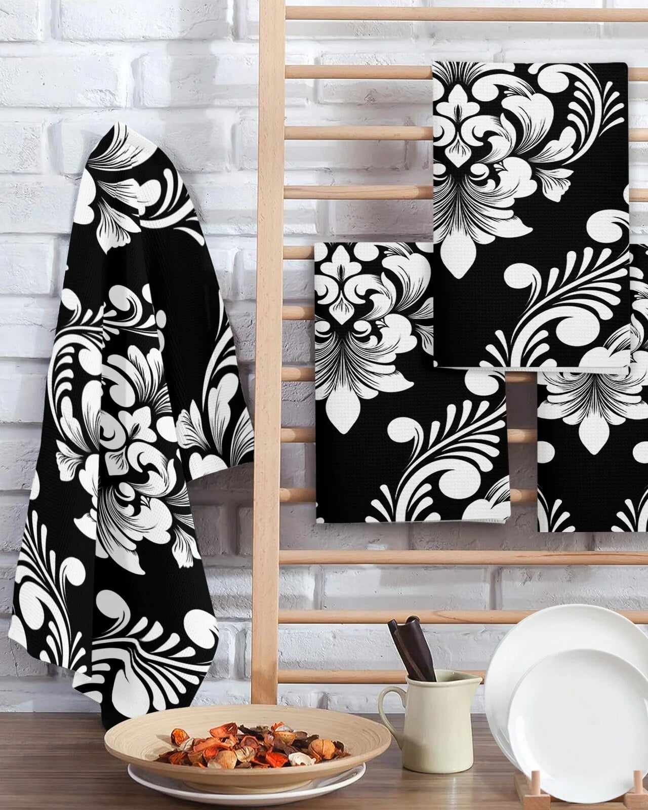 Classic Luxury Vintage Damask Black Kitchen Cleaning Cloth Towel Waffle ...